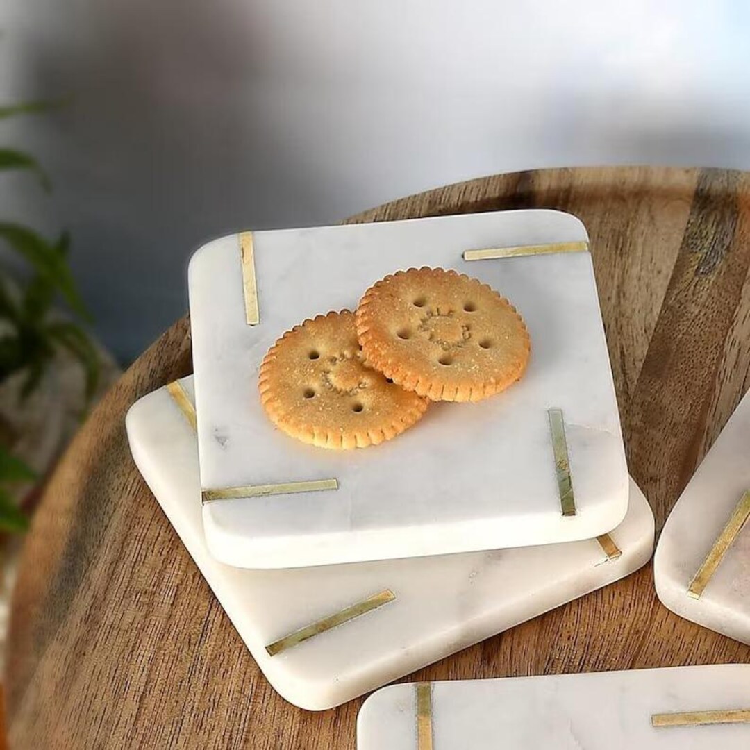 White Marble Coasters With Brass Inlay, Square Stone Coaster Set - Etsy
