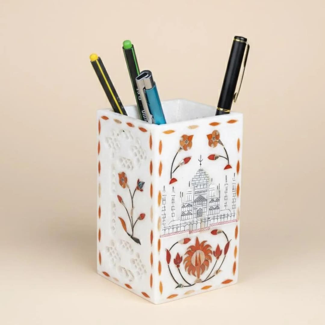 Marble Pen Holder With Taj Mahal Inlay Art | Handcrafted Desk Organizer ...