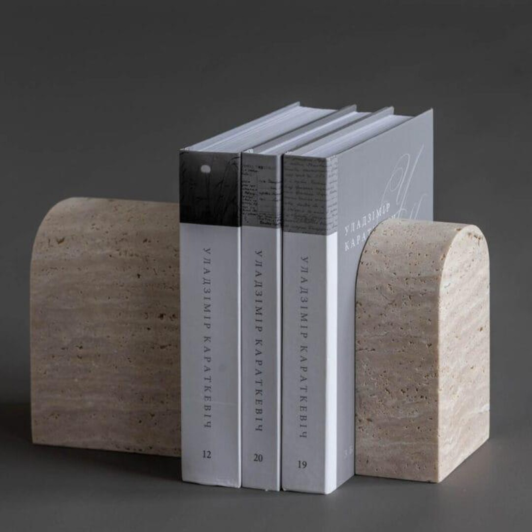 Travertine Bookends Set | Solid Stone Book Holders | Neutral Minimalist ...