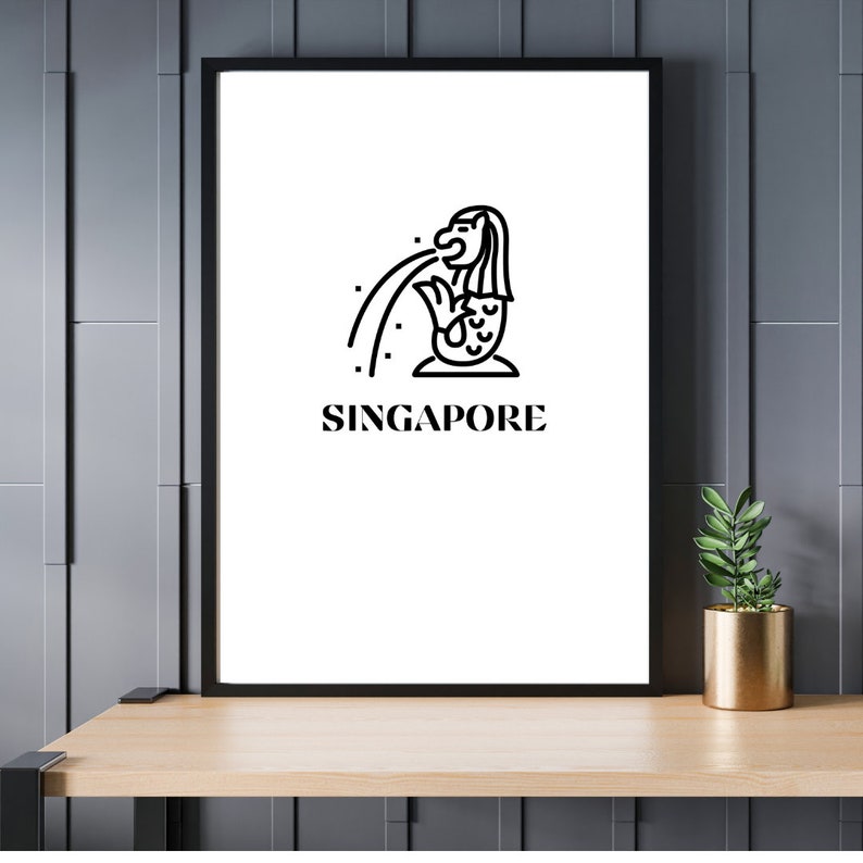 Singapore, Singapore Print, Merlion Print, Modern Wall Art, Black and ...