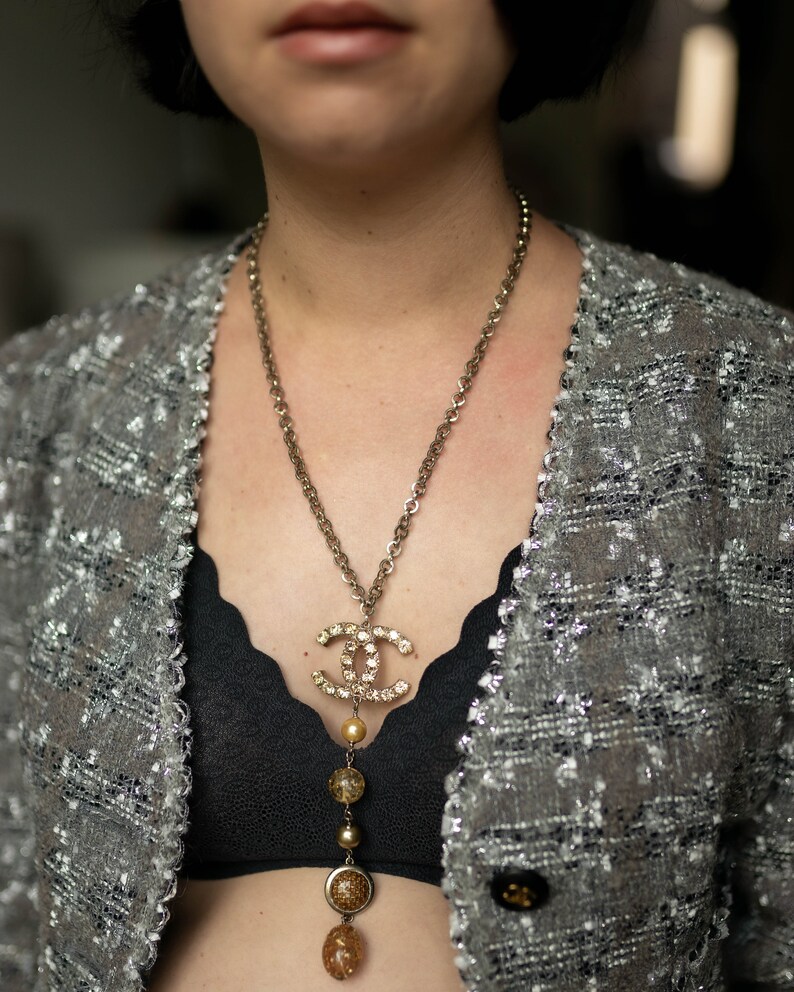 Vintage Chanel Silver Tone CC Crystal Necklace, Chanel Necklace With ...