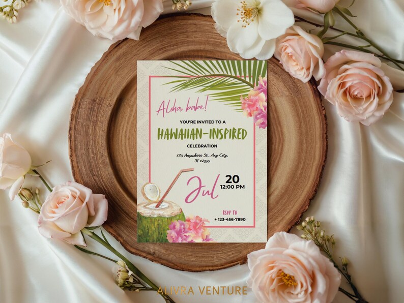 Editable Canva Hawaiian Party Invitation Front & Back | Canva Tropical ...