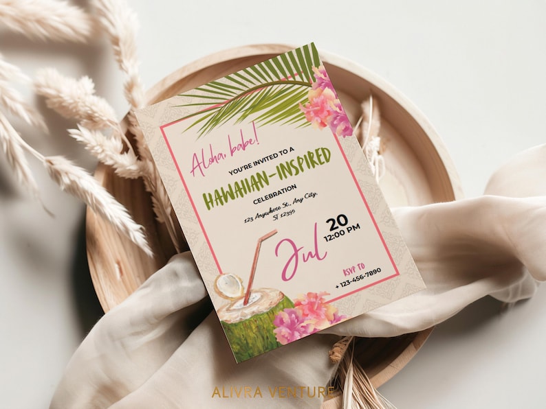 Editable Canva Hawaiian Party Invitation Front & Back | Canva Tropical ...
