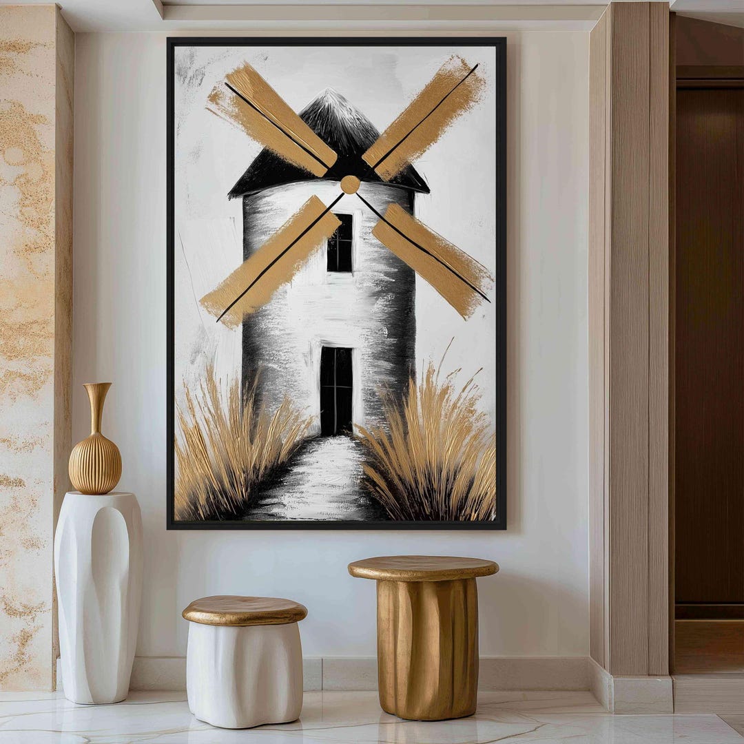Windmill Wall Art Printable, Farmhouse Landscape Art, Gold Rustic ...