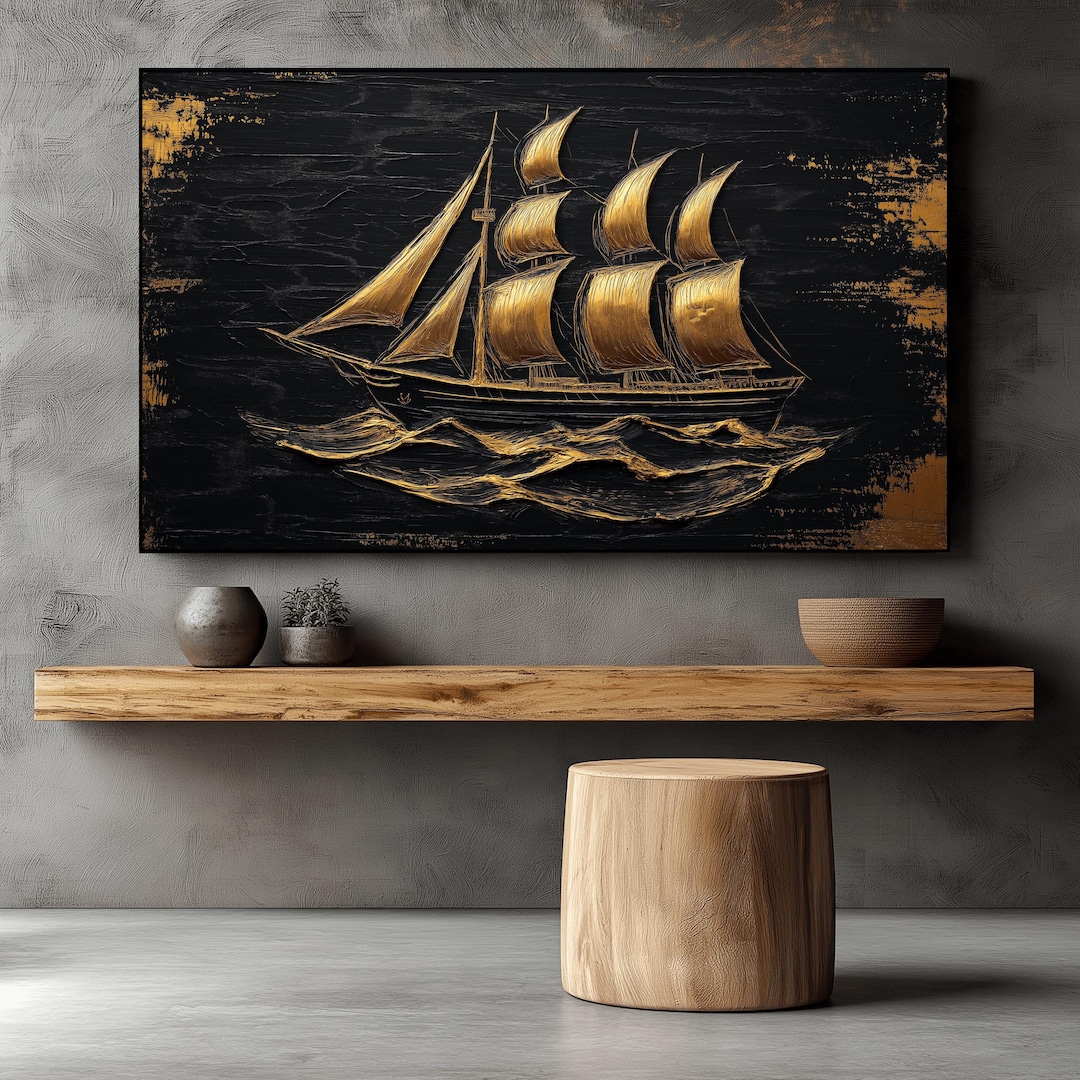 Black and Gold Sailing Ship Art Print: Abstract Nautical Wall Decor ...