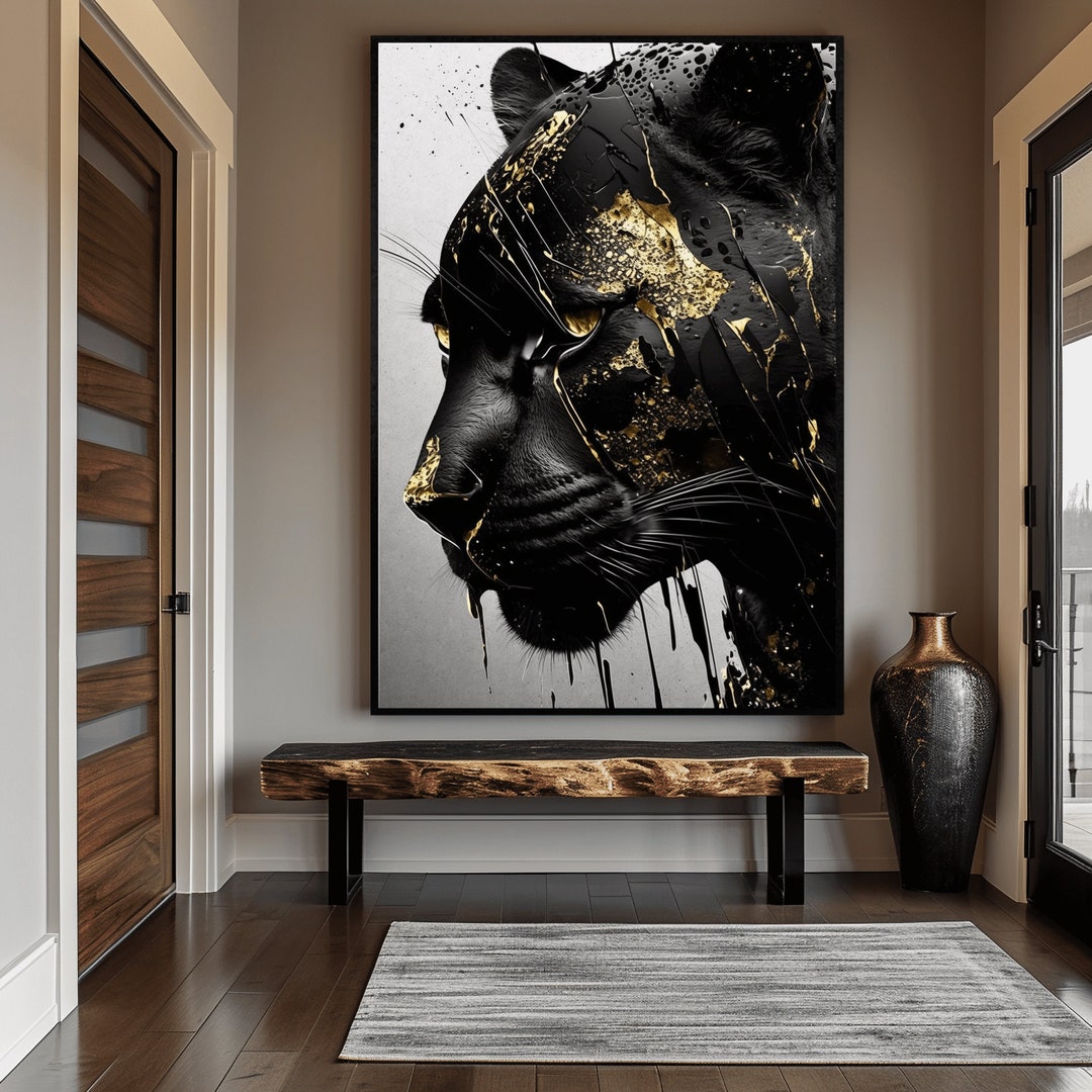 Black Panther Digital Print Abstract Wall Art, Black and Gold, Black ...