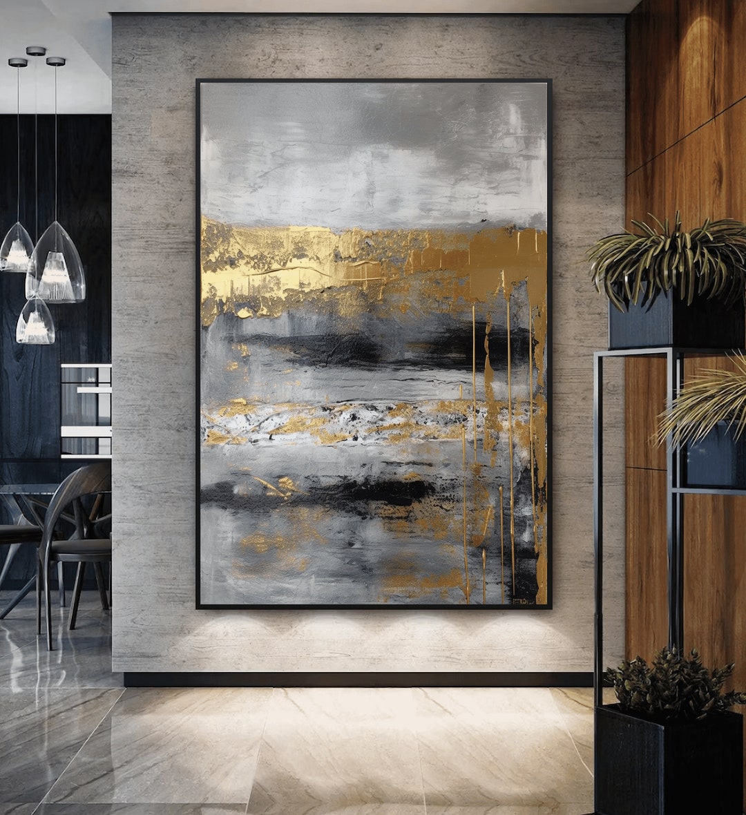 Grey and Gold Abstract Art Canvas, Grey Wall Art, Gold Wall Art ...