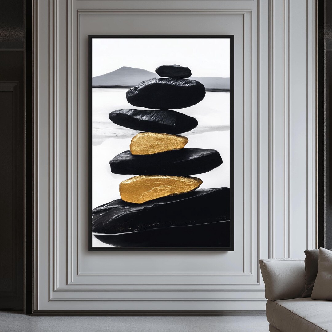 Stacked Stone Canvas Art: Gold Accent Zen Wall Decor - Etsy