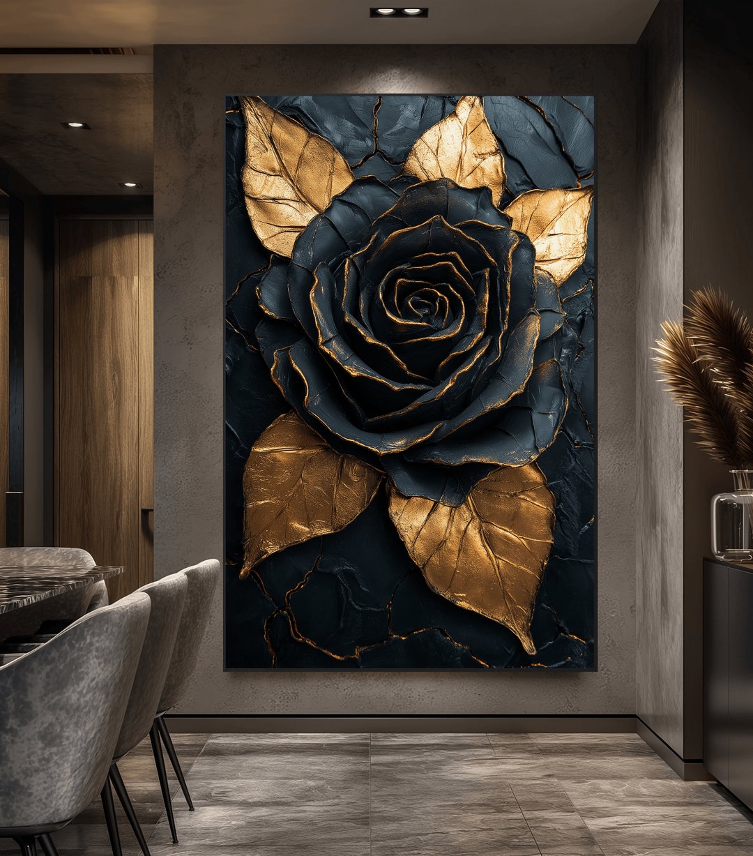 Rose Modern Wall Art Digital Print, Black and Gold, Rose Print, Rose ...