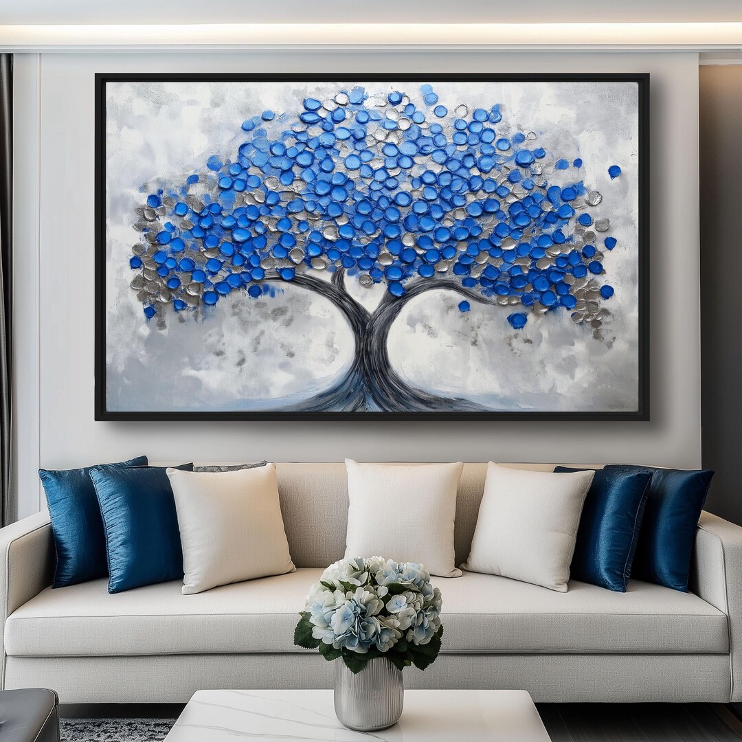Blue Tree Modern Art Framed Canvas, Tree Wall Art, Tree Painting, Tree ...