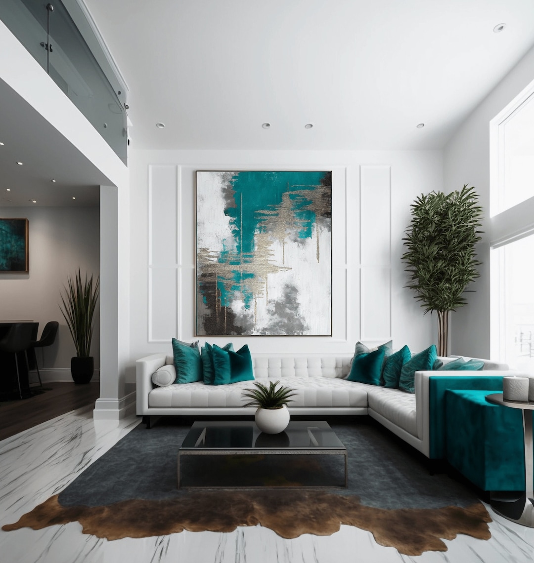 Abstract Wall Art Canvas Teal Black and White Colors, Digital Art ...