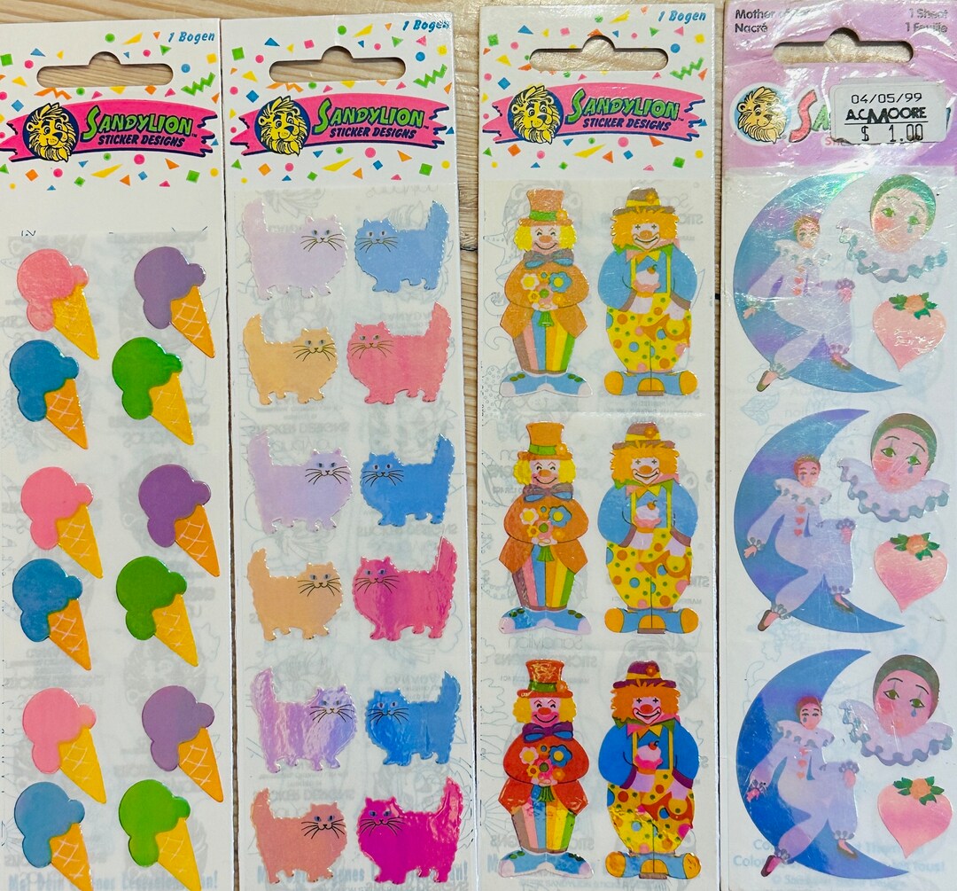 Vintage Pearly Sandylion Stickers Ice Cream Cones, Fluffy Cats, Circus ...