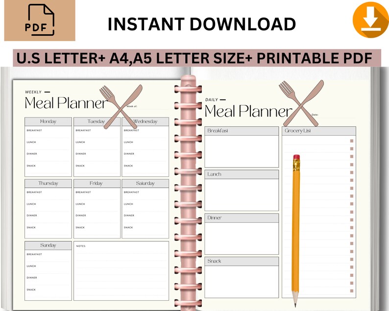 Simple Meal Planner Printable, Weekly Food Diary, Meal Tracker, Food ...