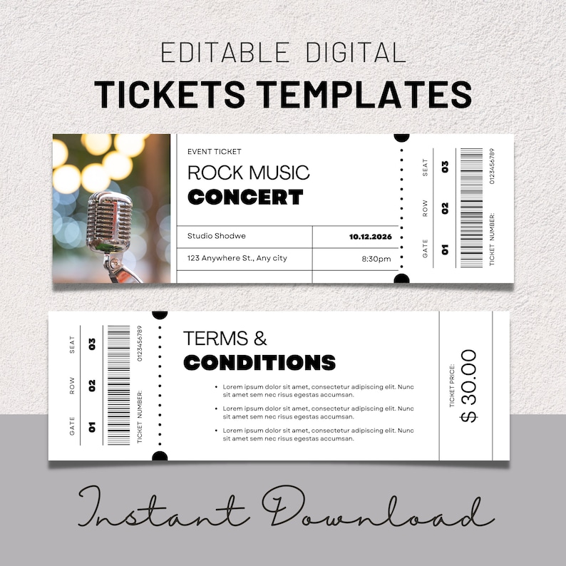 Music Concert Tickets Template, Personalized Tickets, Fully Editable ...