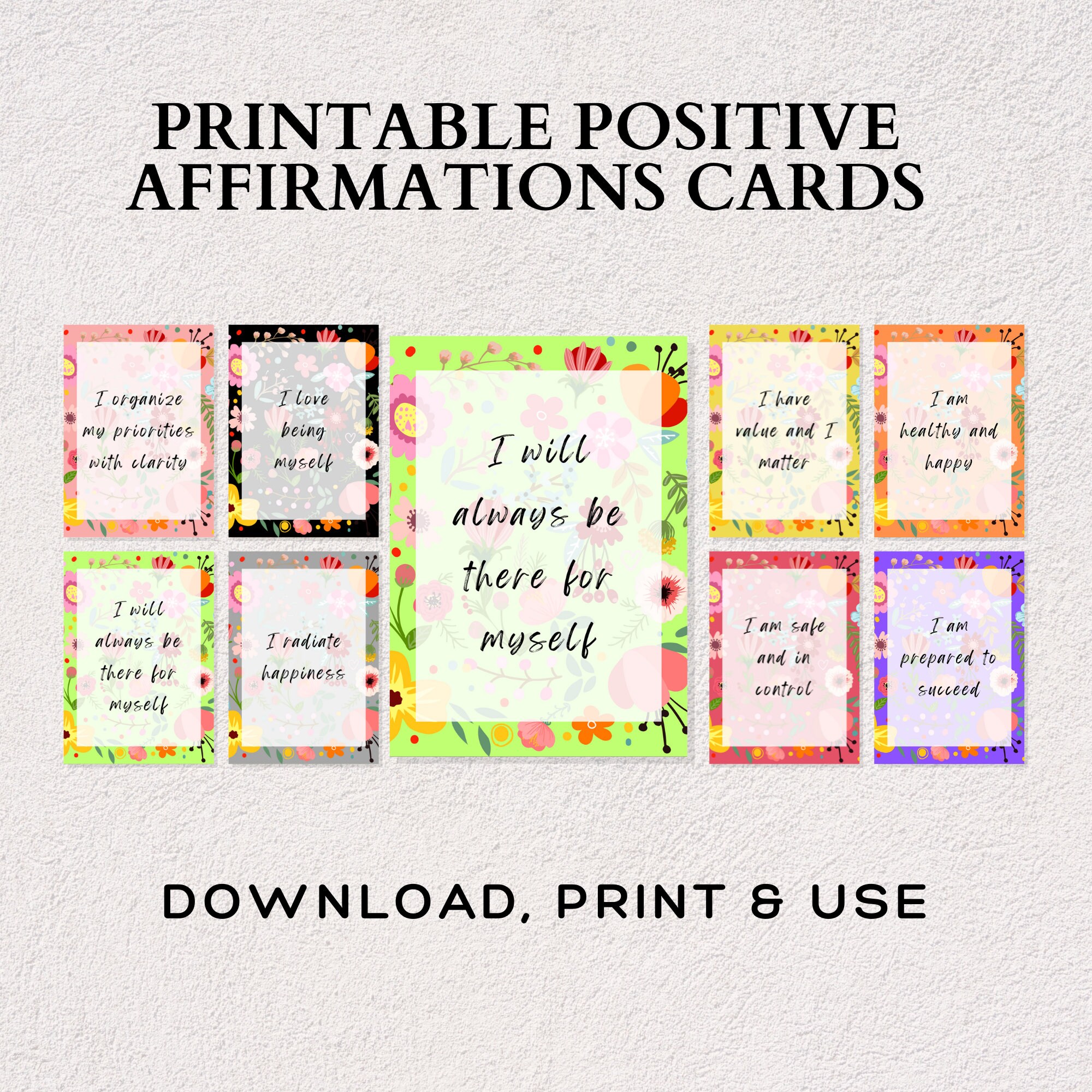 Colorful Affirmation Cards Printable Set Positive Affirmations Instant ...