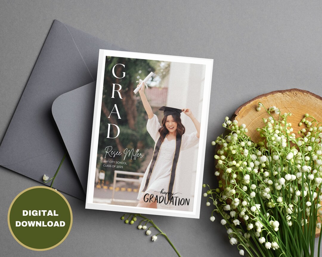 White Modern Photo Graduation Card, Photo Greeting Card, Editable ...