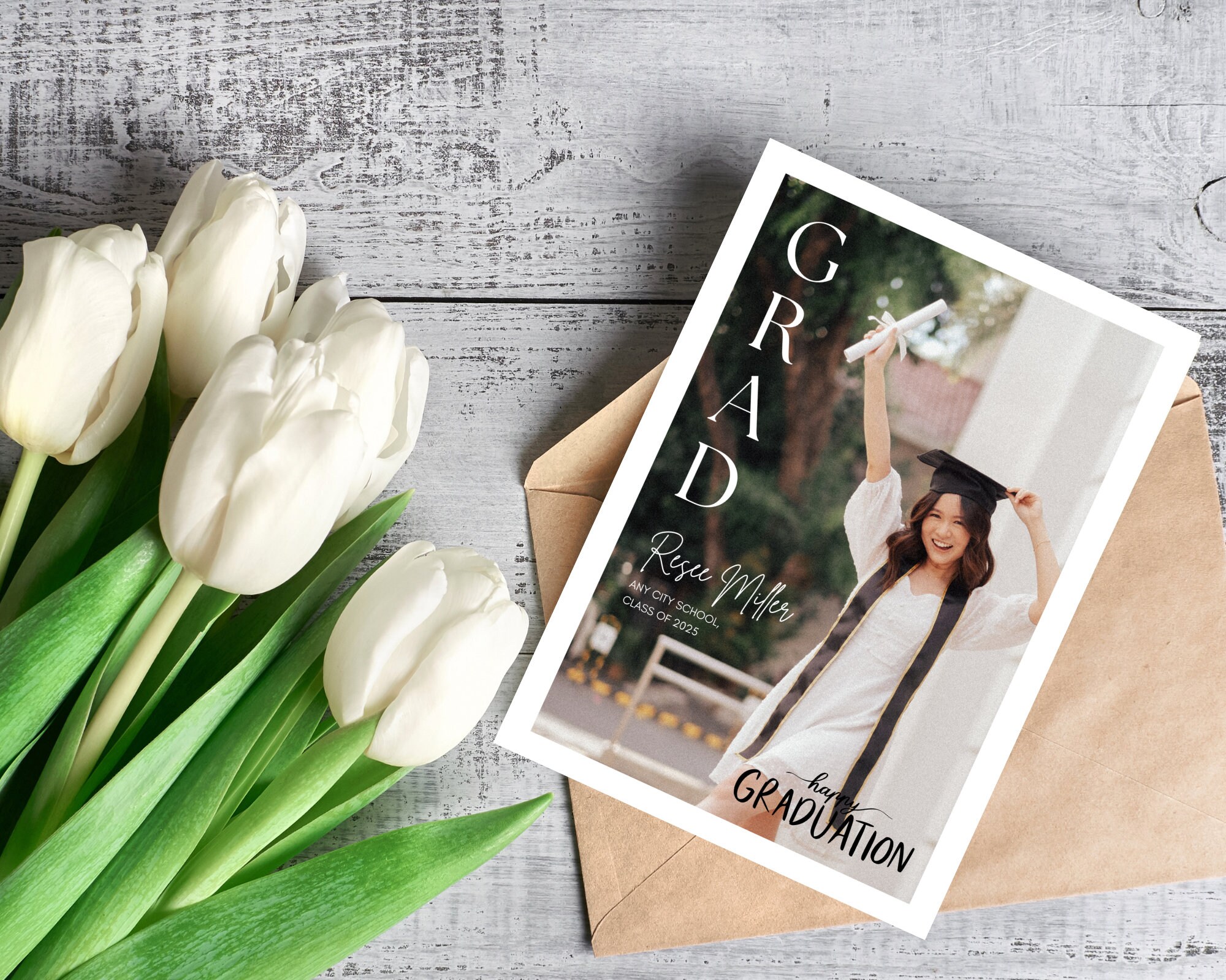 White Modern Photo Graduation Card, Photo Greeting Card, Editable ...