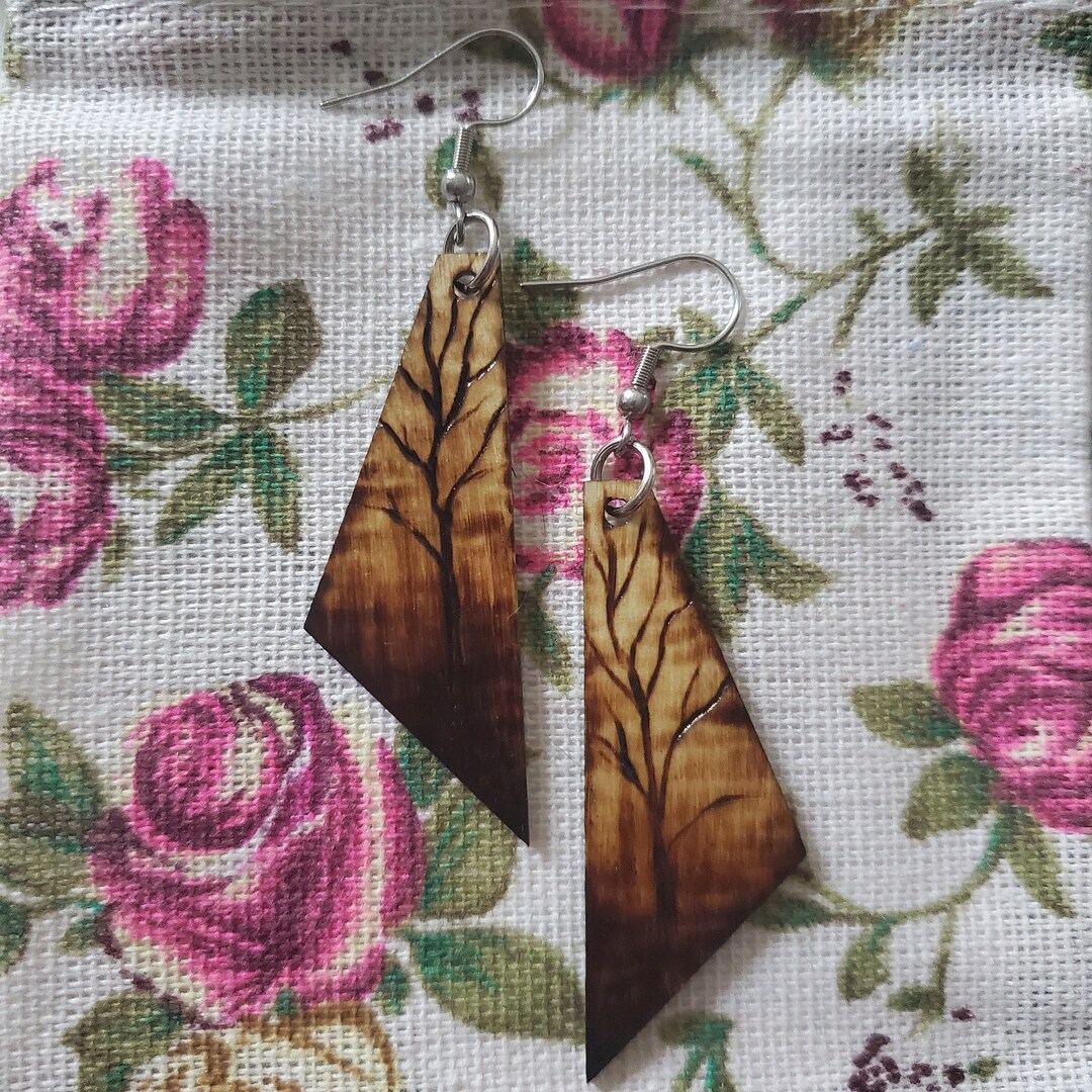 Handmade Simple Tree With Green Backs Woodburn Earrings - Etsy