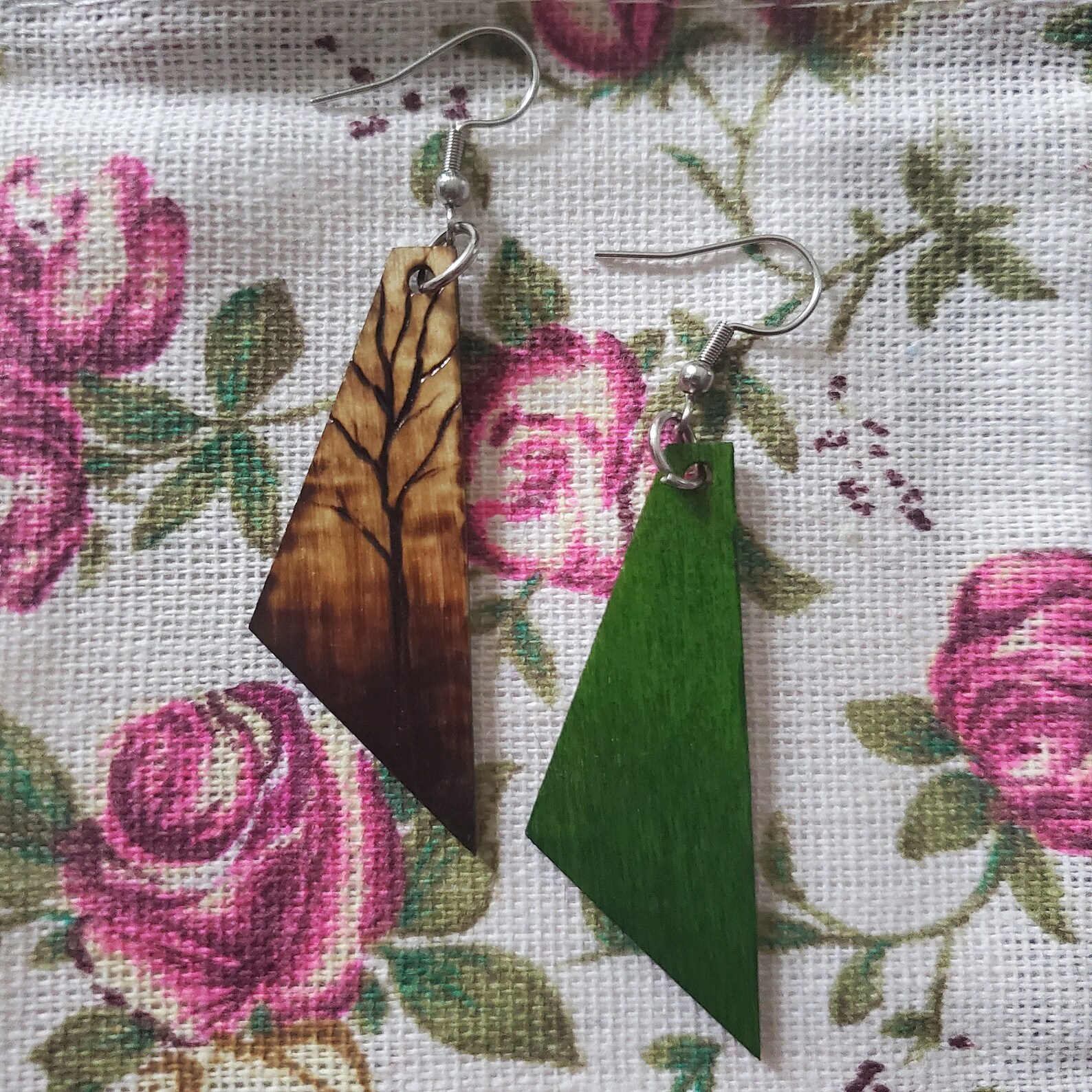 Handmade Simple Tree With Green Backs Woodburn Earrings - Etsy