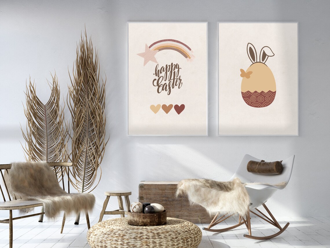 Boho Happy Easter Wall Art, Printable Happy Easter Wall Art, Boho ...