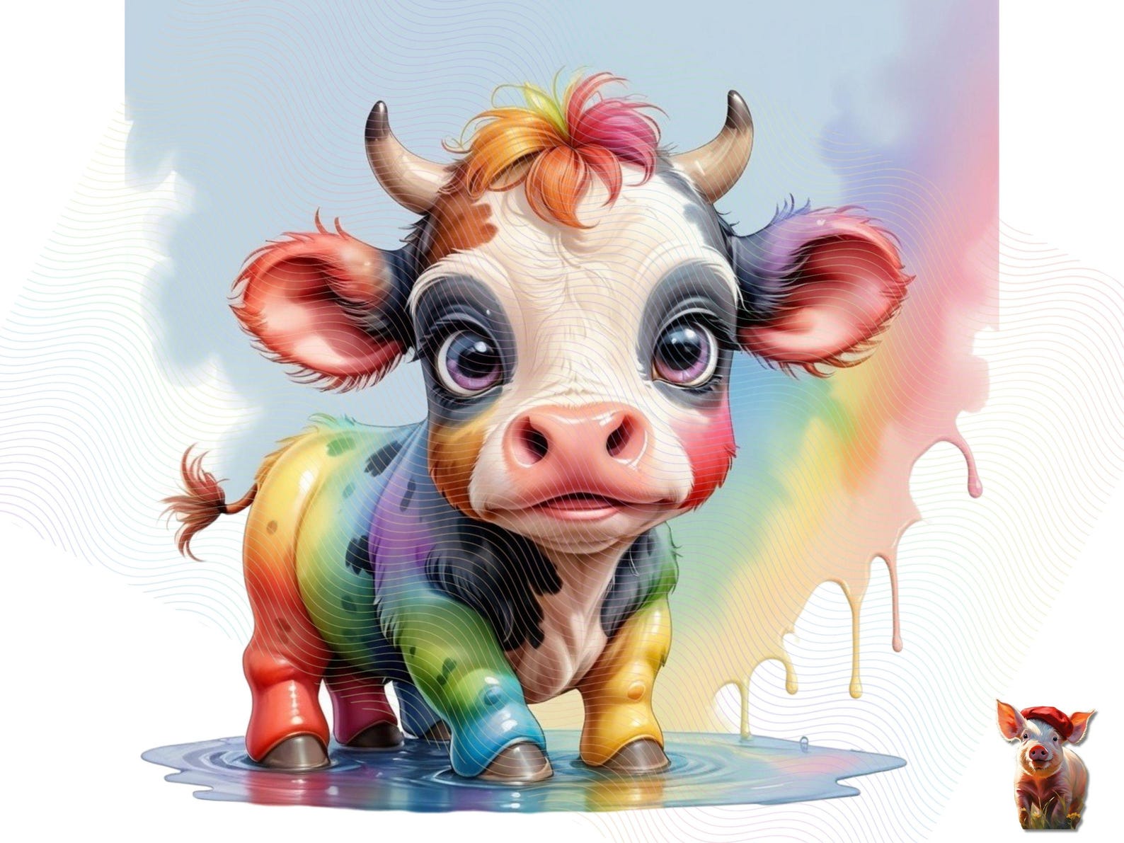 12 PNG Cartoon Rainbow Cow Clipart, Baby Cows, Printable Watercolour ...