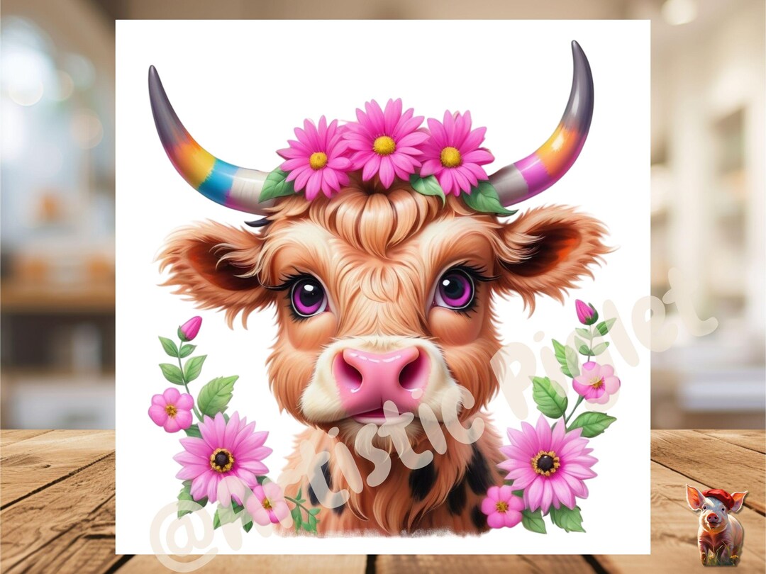 Pink Floral Highland Cow Png, Highlander Cow & Flowers Png, Hot Pink ...