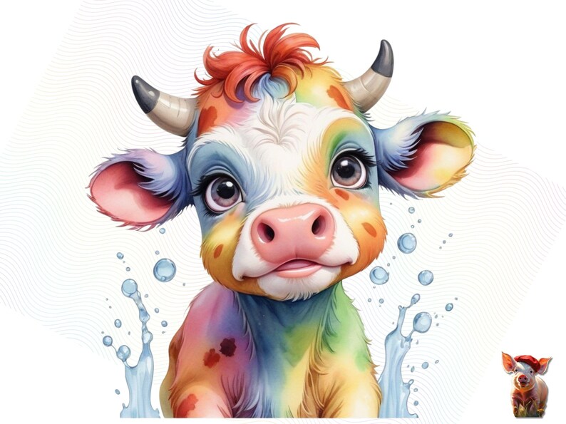 12 PNG Cartoon Rainbow Cow Clipart, Baby Cows, Printable Watercolour ...