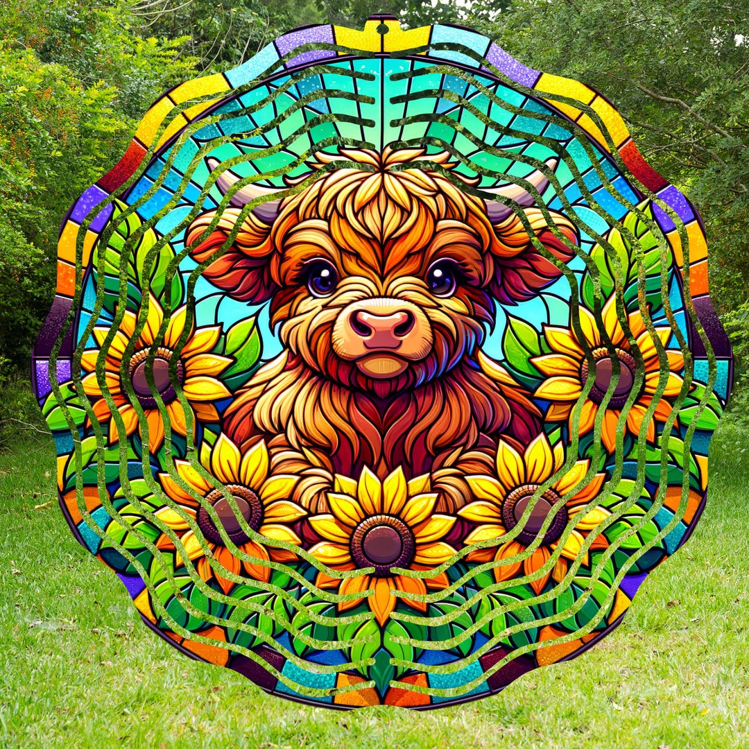 Highland Cow Sunflower PNG, Highland Cow Stained Glass Wind Spinner ...