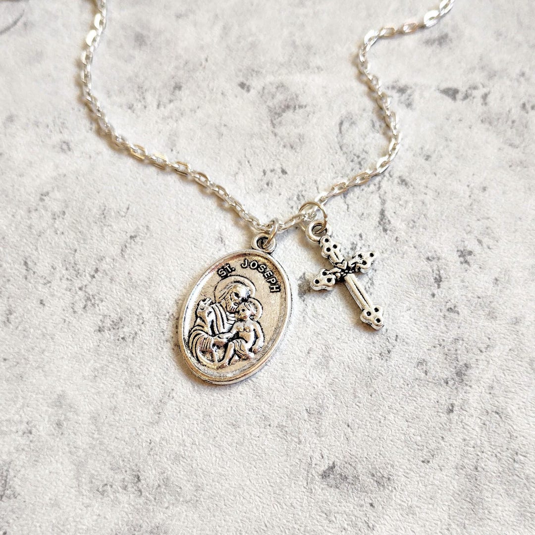 St Joseph Cross Necklace, Religious Necklace, Saint Joseph Medal ...