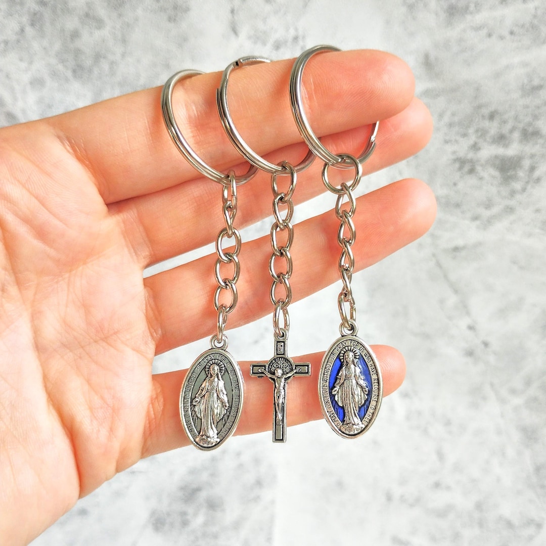Virgin Mary Keychain, Crucifix Cross Keyring, Our Lady, Blessed, Rosary ...