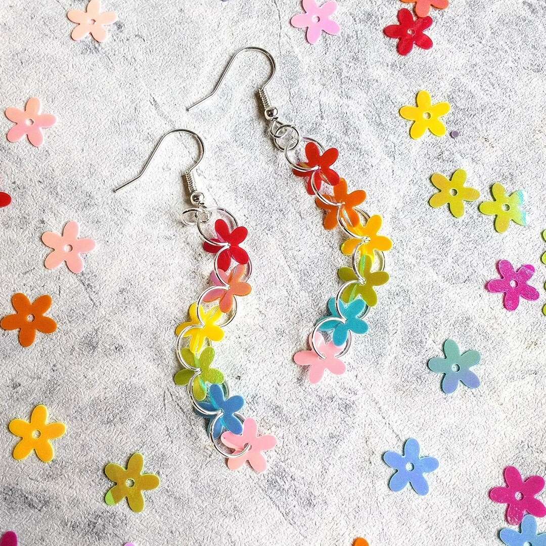 Rainbow Flower Sequin Earrings, LGBTQ Earrings, Sequin Trickle Drop ...