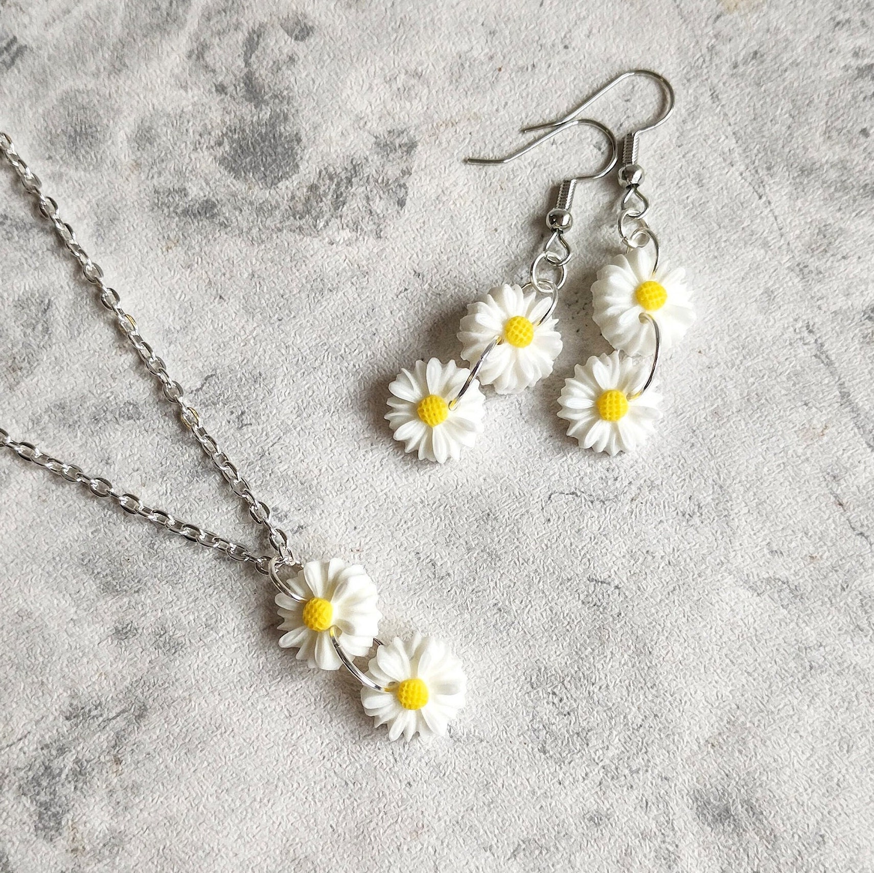 Daisy Necklace, Daisy Flower Earrings, Double Daisy Earrings, Hippie ...