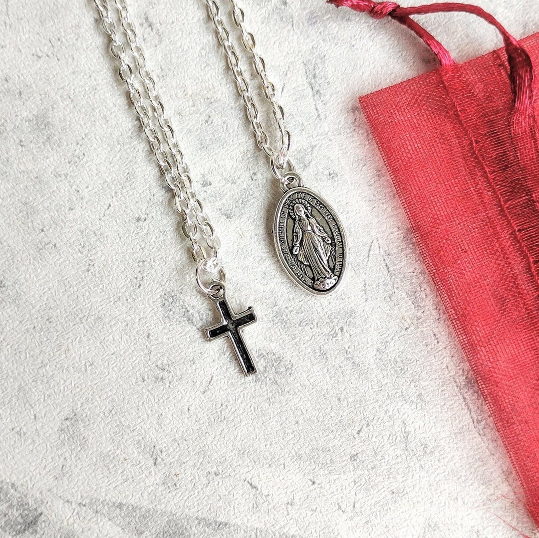Virgin Mary Cross Necklace Set, Miraculous Medal, Our Lady, Catholic ...