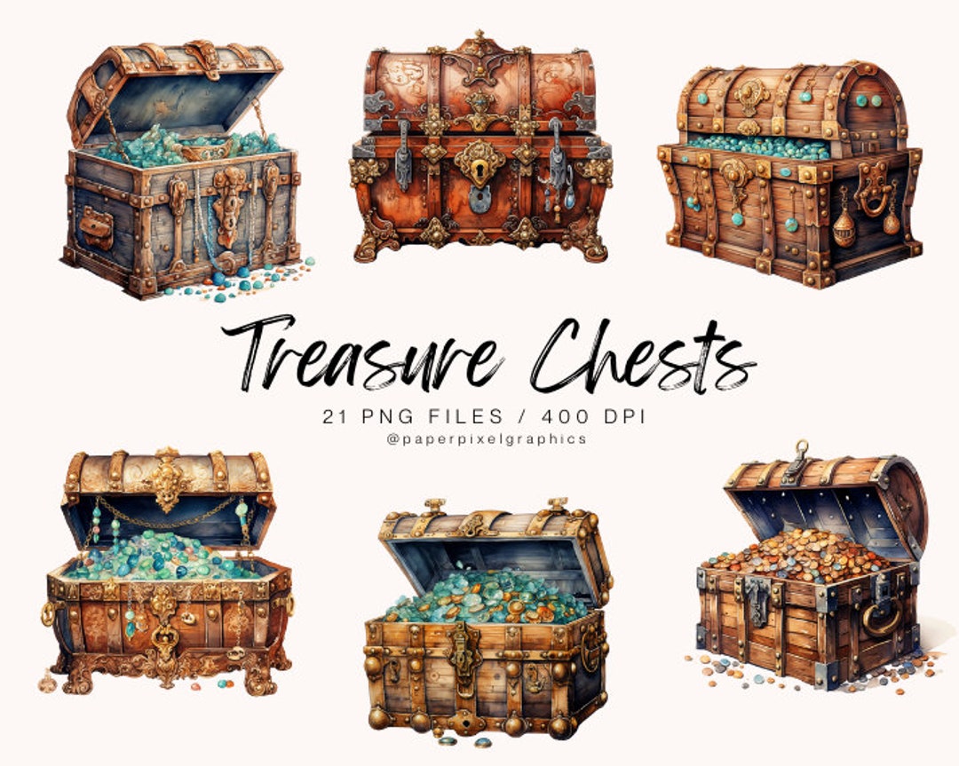 Vintage Watercolor Treasure Chest Clip Art Bundle, Pirate Treasure ...