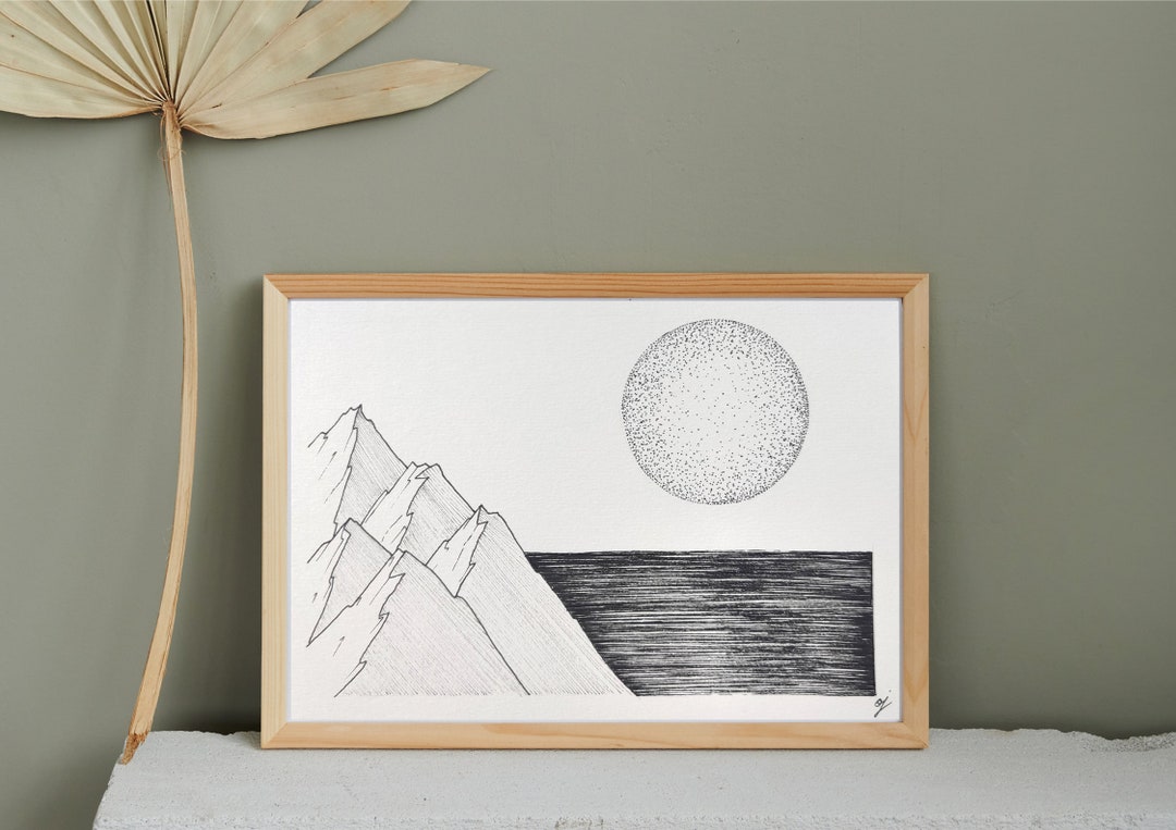 Unique Drawing, Handmade to Order, Landscape, Mountains and Sea ...