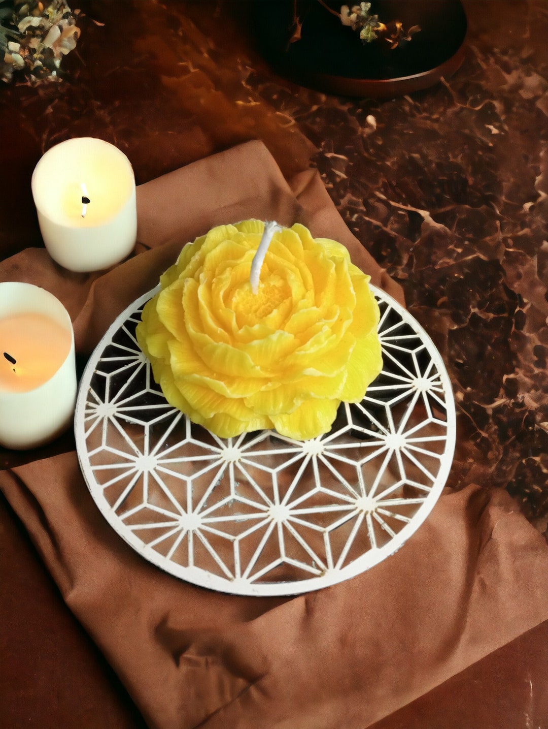 Yellow Flower Motif Candle, Free Wooden Candle Holder, Decorative ...