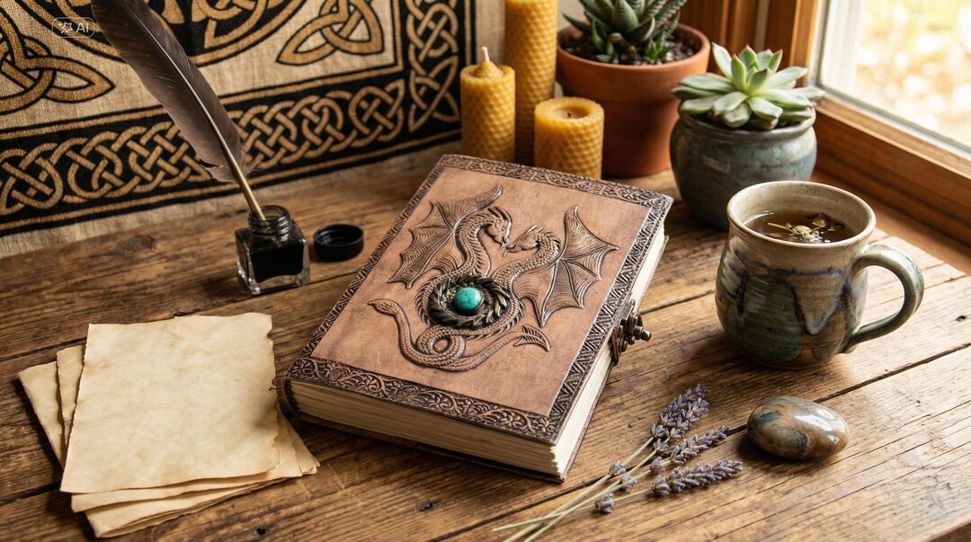 Dragon Leather Journal | Embossed A5 Diary, Stone Detail - Etsy