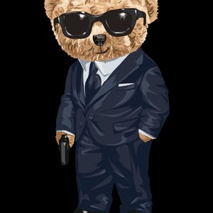 Secret Agent Teddy Bear, Cool Suit & Shades Graphic Tee, Bear in Black ...