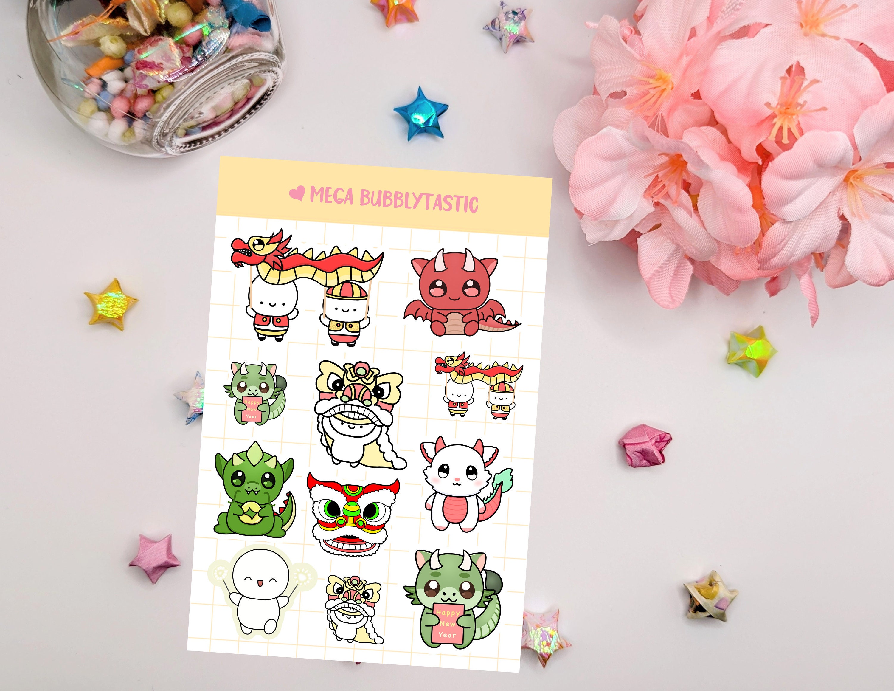 Cute Dragon Sticker Sheet Kawaii Dragon Kiss Cut Sticker Lunar New Year ...