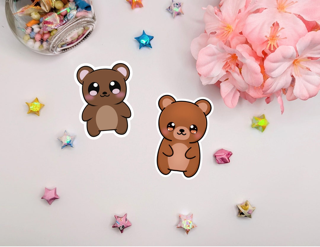 Set of 2 Kawaii Bear Stickers Cute Bear Waterproof Glossy Vinyl Sticker ...