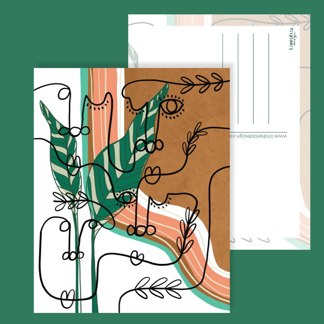 Abstract Faces Postcard Foliage Line Work Leaves Boho - Etsy