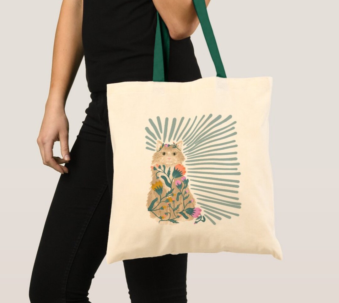 Cat Totebag Cute Illustrated Kittie, Artwork, Drawing, Pink, Floral ...