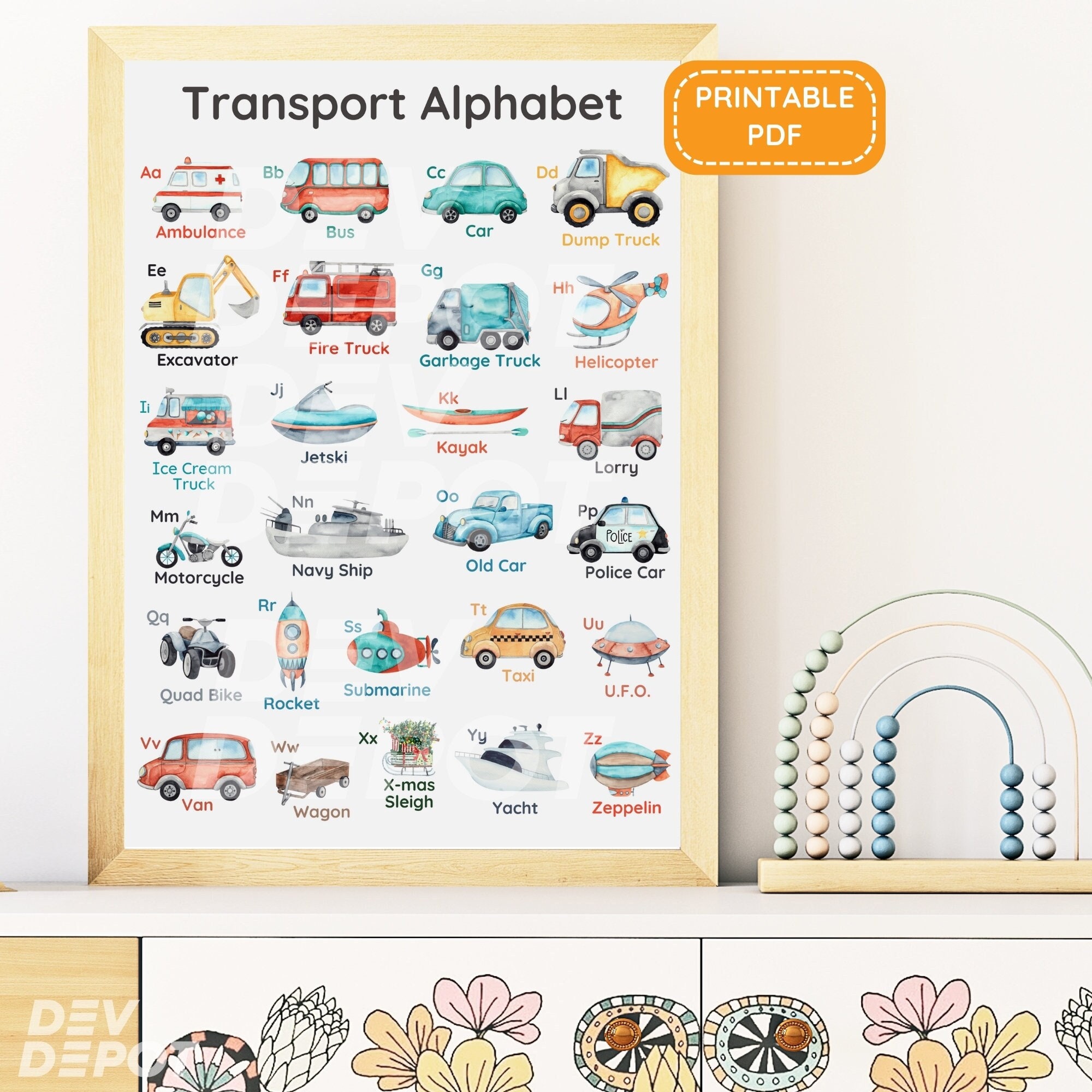 Transport Alphabet Educational Poster Printable Wall Art Classroom ...