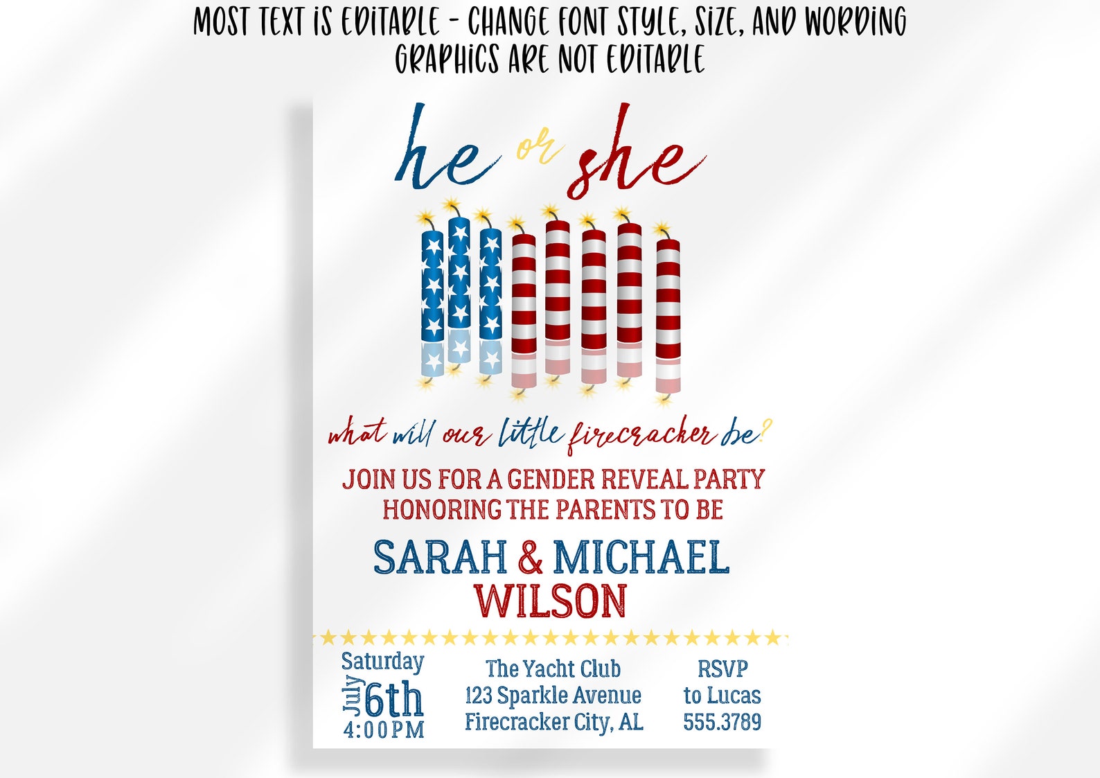 Editable He or She Gender Reveal Invitation | 4th of July Gender Reveal ...