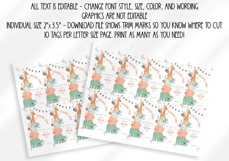 Editable Animal Birthday Thank You Tag Party Animals Favor Tags Wild ...
