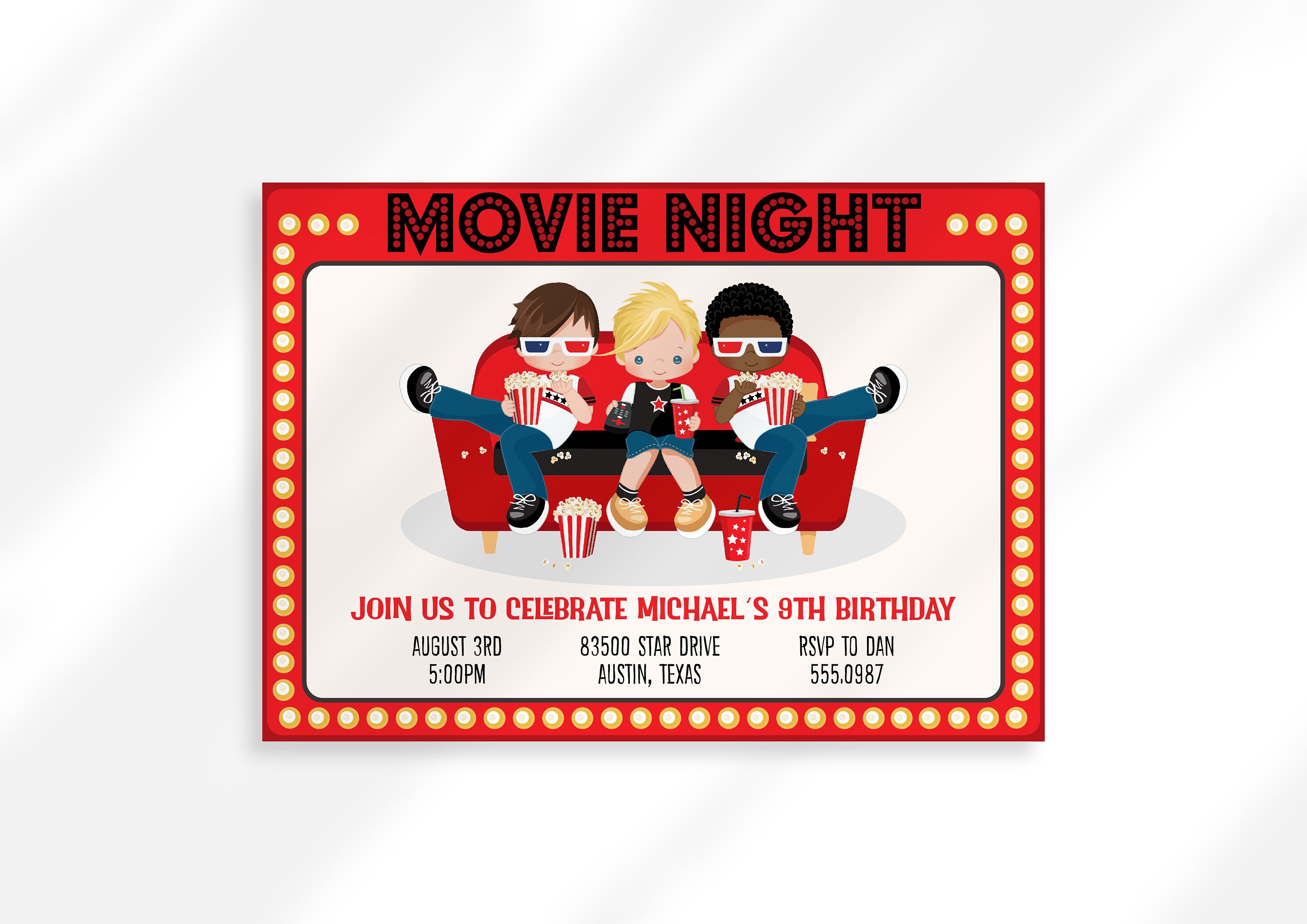 Editable Movie Night Invite Template Boy Birthday Party Invitation ...