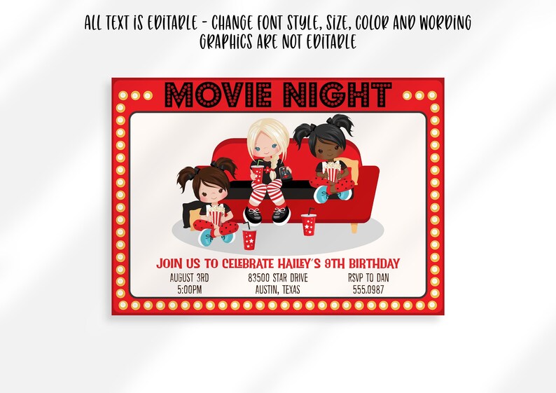 Editable Movie Night Flyer Birthday Invitation for Girls Movie Party ...