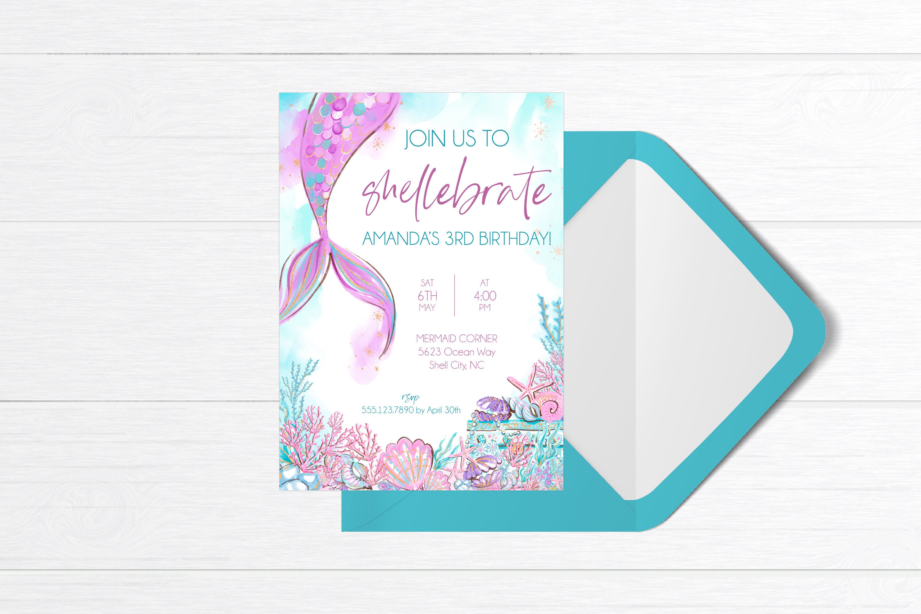 Editable Shellebrate Birthday Invitation | Purple Mermaid Invitation ...