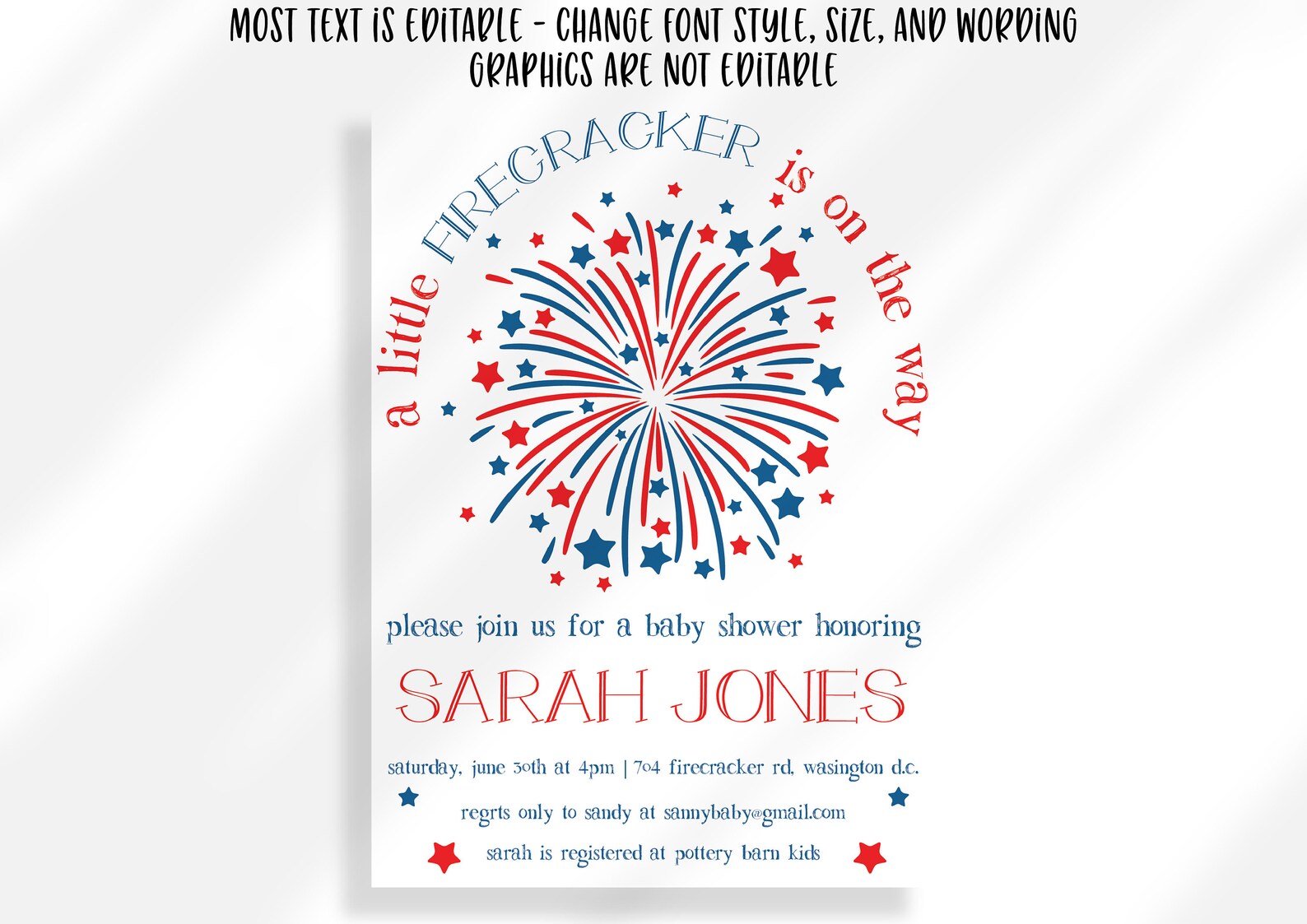 Editable Firecracker Baby Shower Invitation | Red White Blue Invitation ...