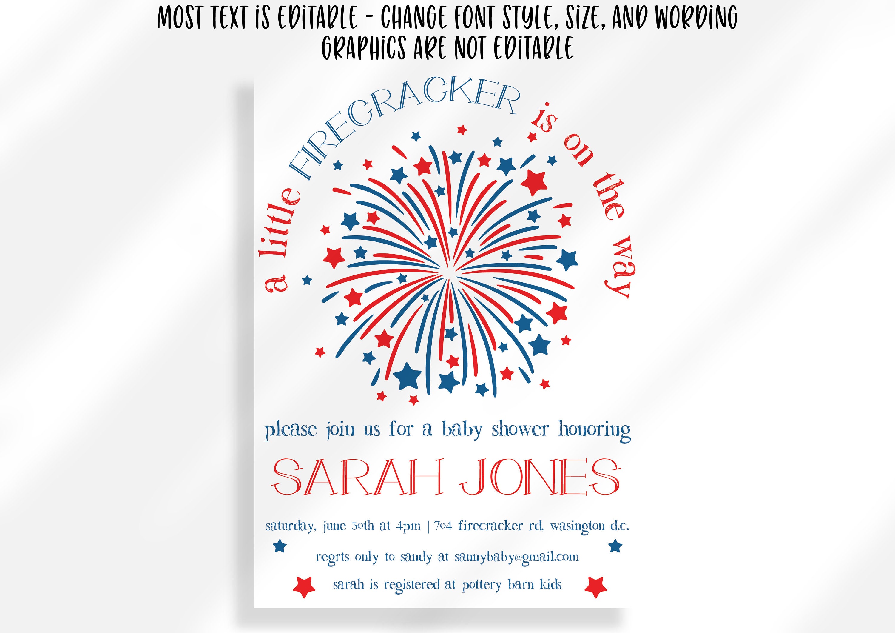Editable Firecracker Baby Shower Invitation | Red White Blue Invitation ...